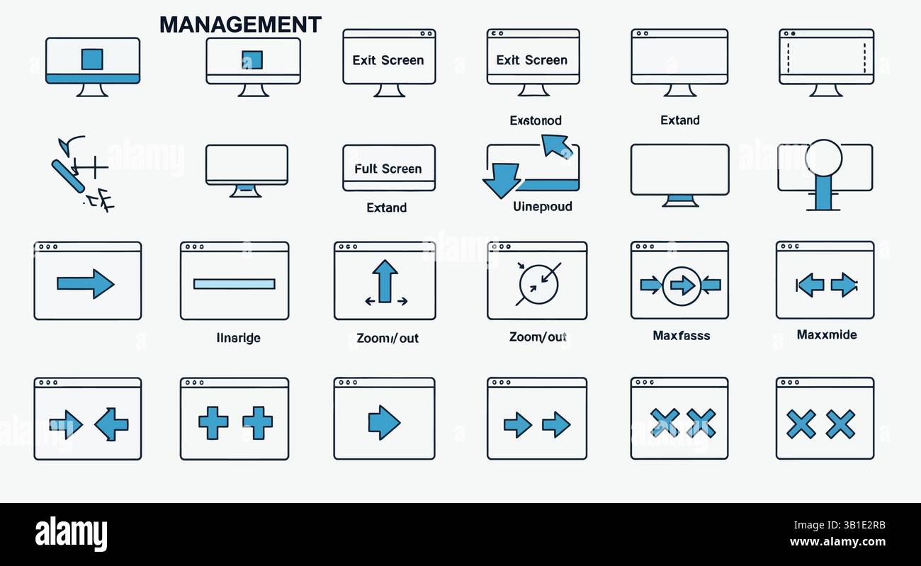 Screen Management Icon Set – Full Screen, Zoom, Extend for Minimalist UI Display Control Symbols ...