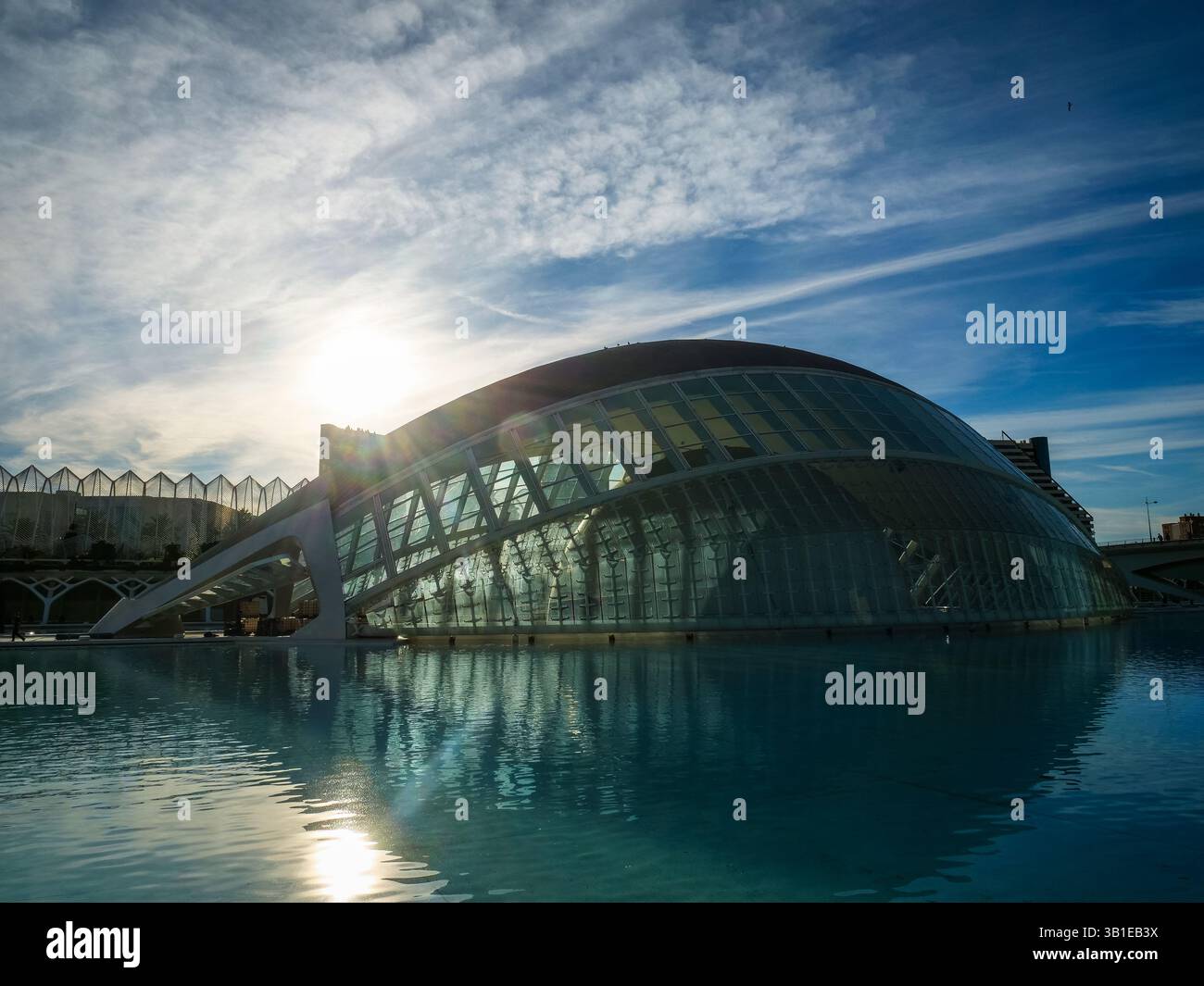 Sunset view of the Hemisferic building in the City of Arts and Sciences ...