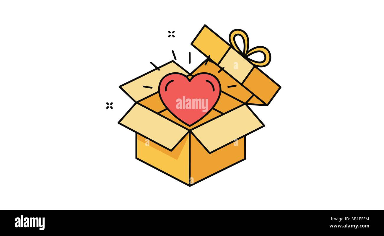 Love & Gift Box Illustration, Heart Symbol Emerging from Package for Valentine's Day Graphics ...