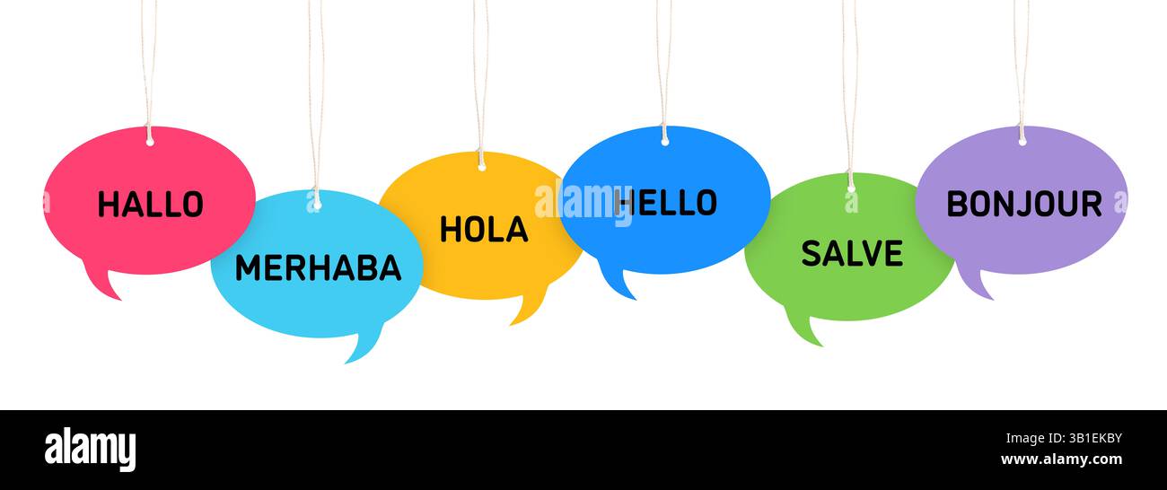 Paper speech bubbles with greetings in different languages hanging on ...