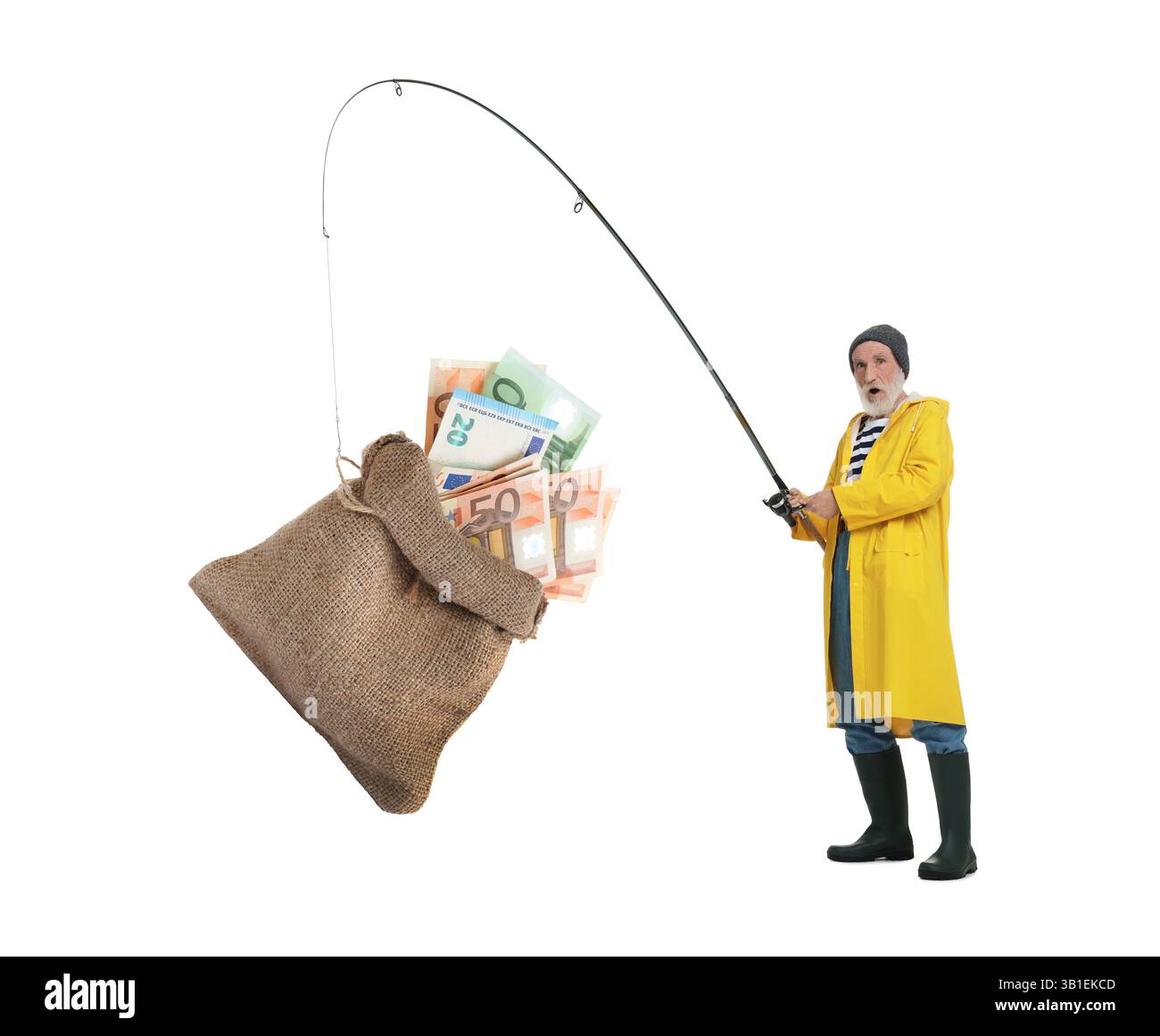 Fisherman catching sack full of money with rod on white background ...