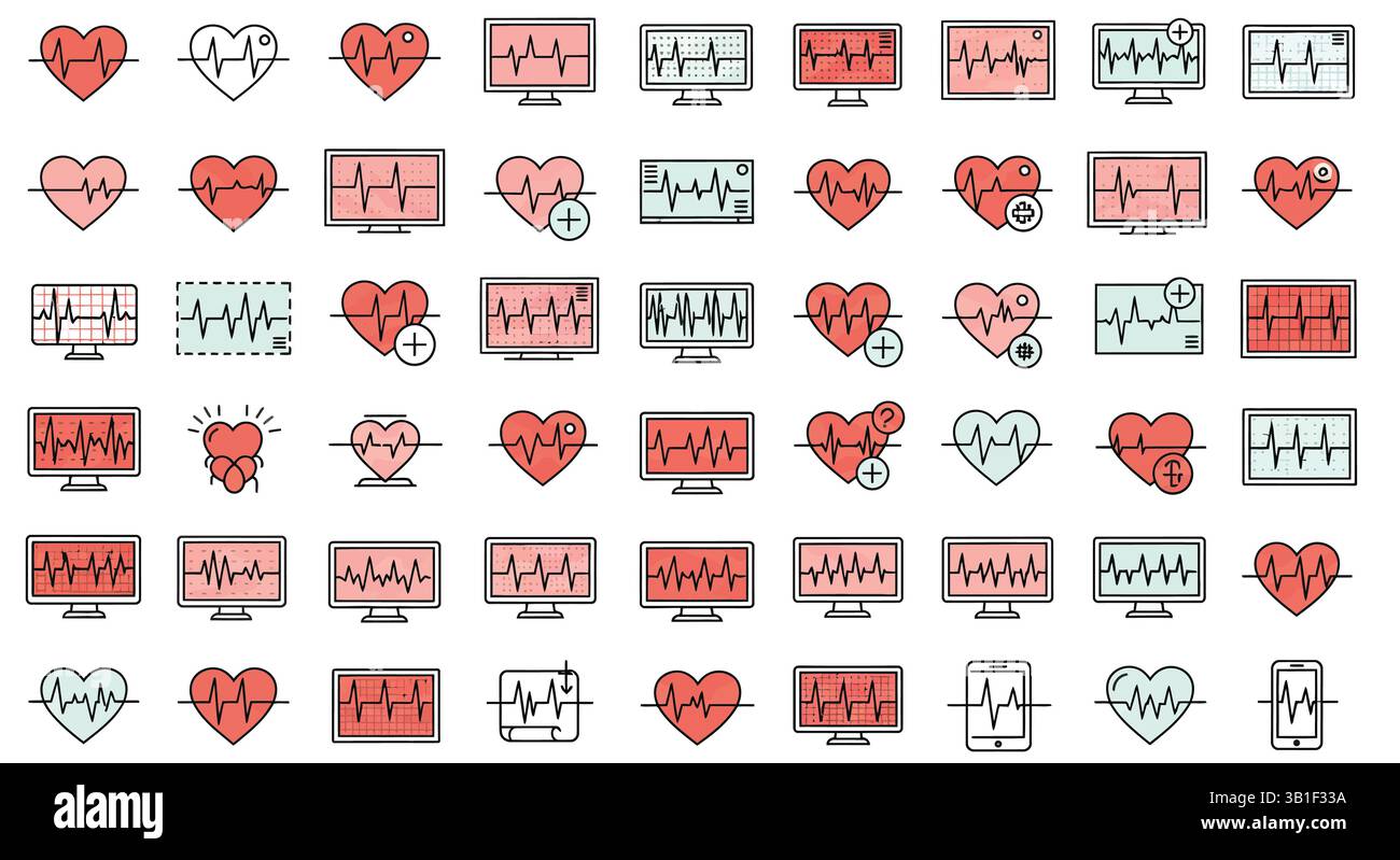 Heart Health & ECG Monitoring Icons, Medical Heart Rate Symbol Set for ...
