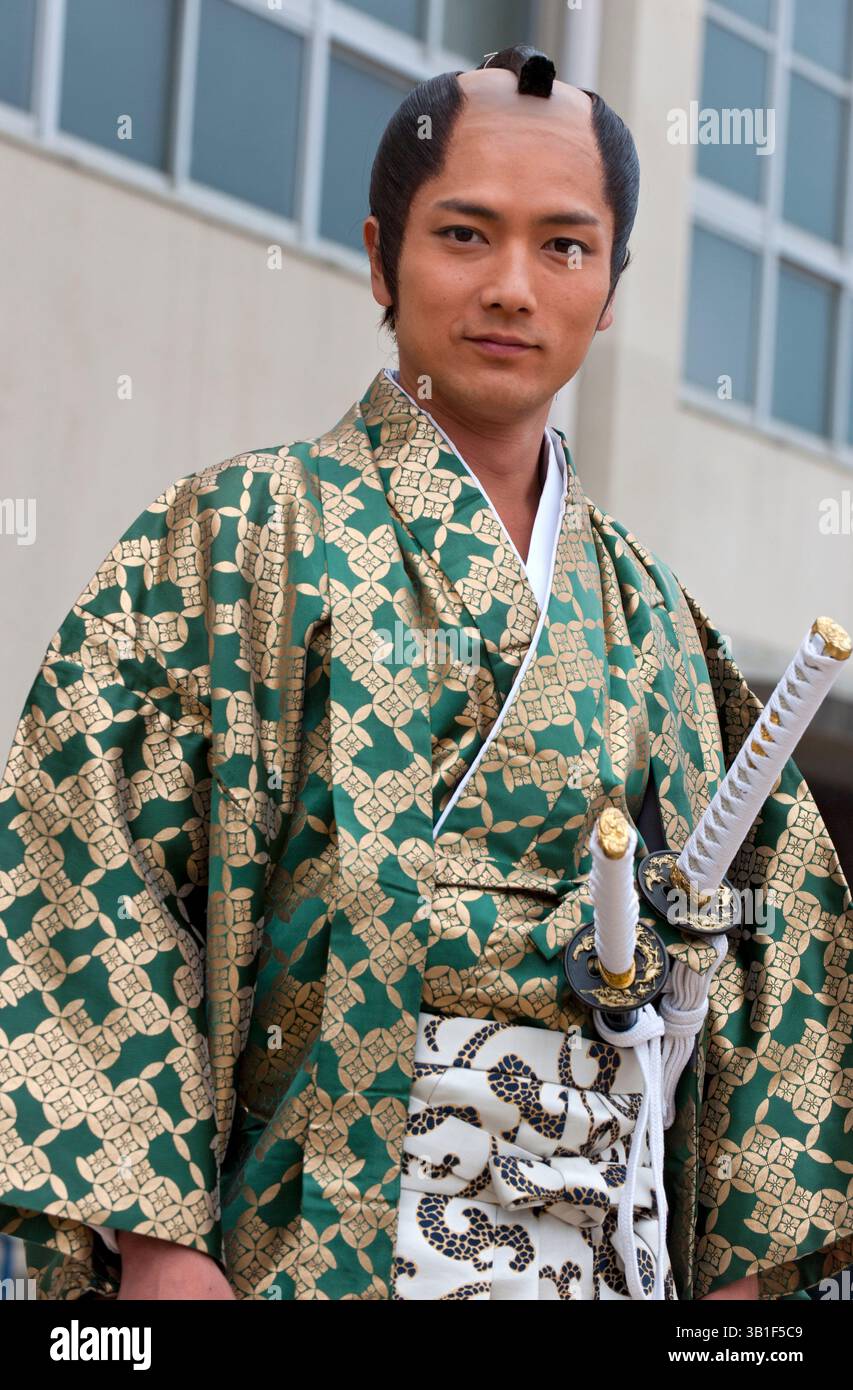 High-level samurai wearing the traditional chonmage (topknot) hairstyle ...