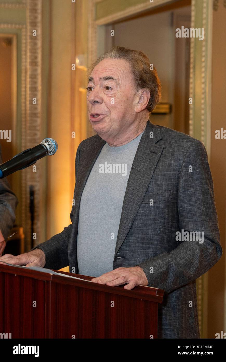 New York, NY, April 25, 2025: Andrew Lloyd Webber speaks during unveiling of his portrait at ...
