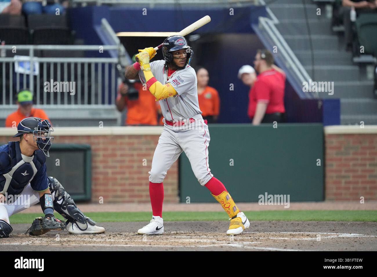 Miguel Bleis (48) of the Greenville Drive at bat in a South Atlantic ...