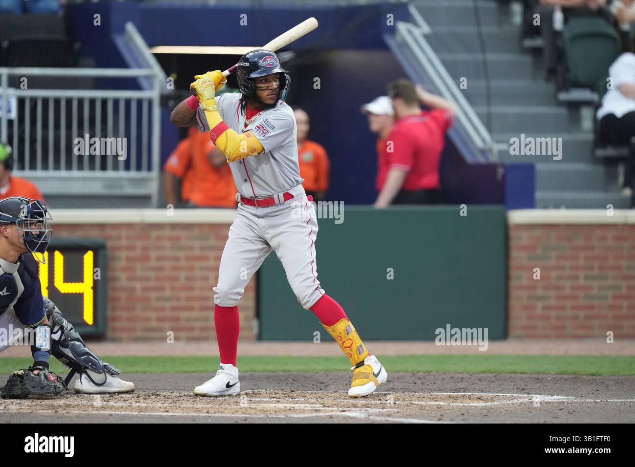 Miguel Bleis (48) of the Greenville Drive at bat in a South Atlantic ...