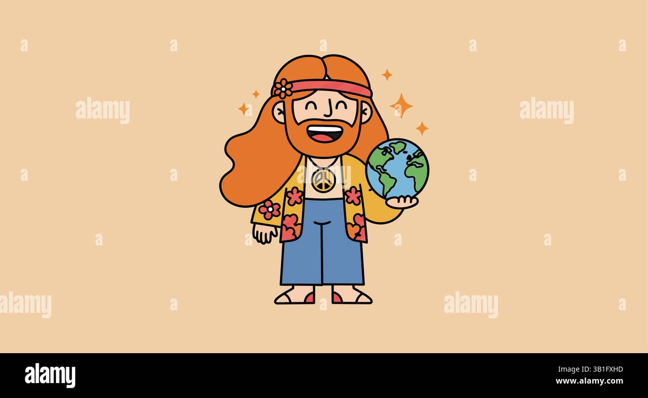 Peace & Global Unity Icons, Hippie Characters with Earth and Peace ...