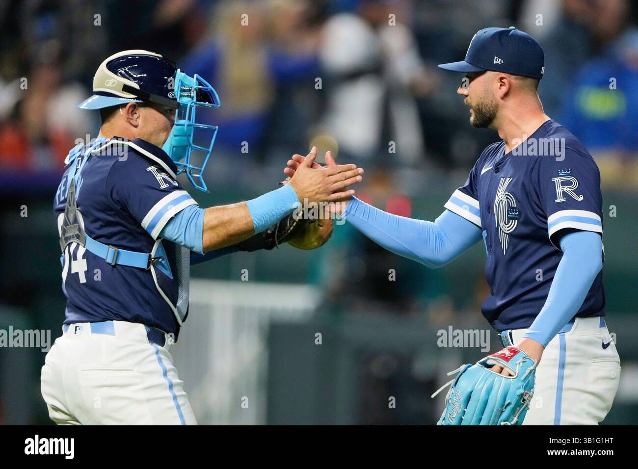 Kansas City Royals relief pitcher Lucas Erceg and catcher Freddy Fermin ...