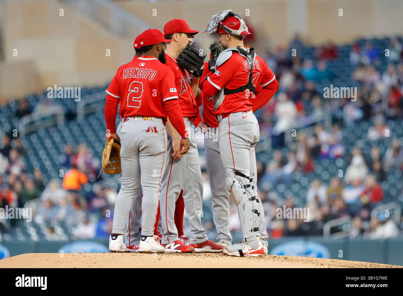 MINNEAPOLIS, MN - APRIL 25: Los Angeles Angels meet on the mound during ...