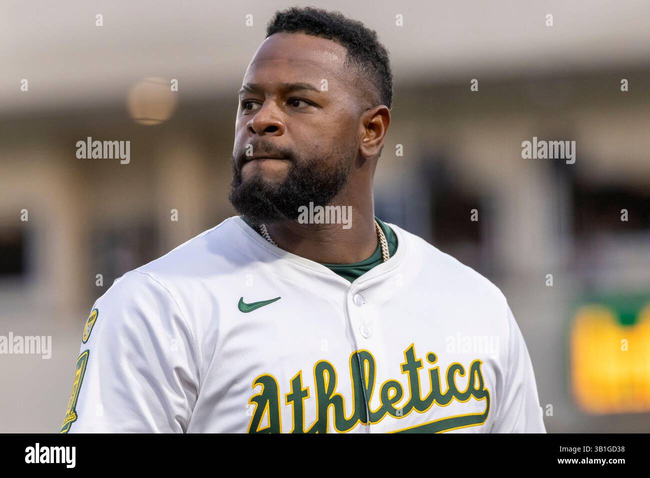 Athletics pitcher Luis Severino walks to the dugout during the second ...