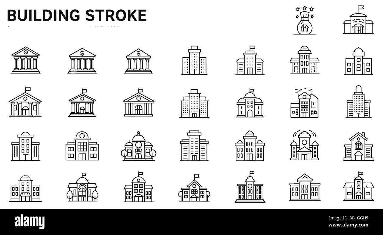 Architecture Stroke Icons Set, Minimalist Building Symbols Collection ...