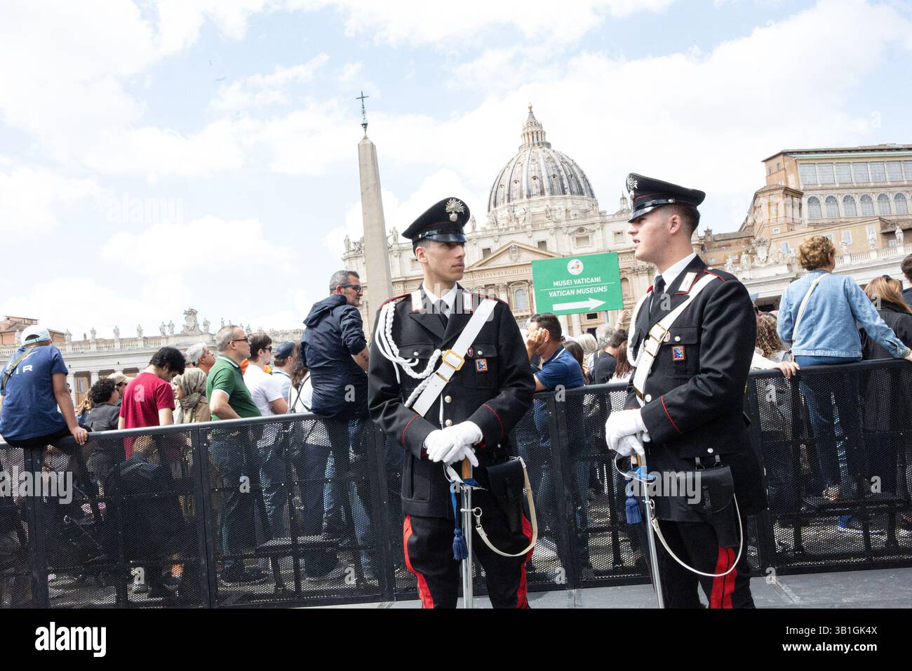 Vatican City, Vatican. 25th Apr, 2025. Two Carabinieri stand watch ...