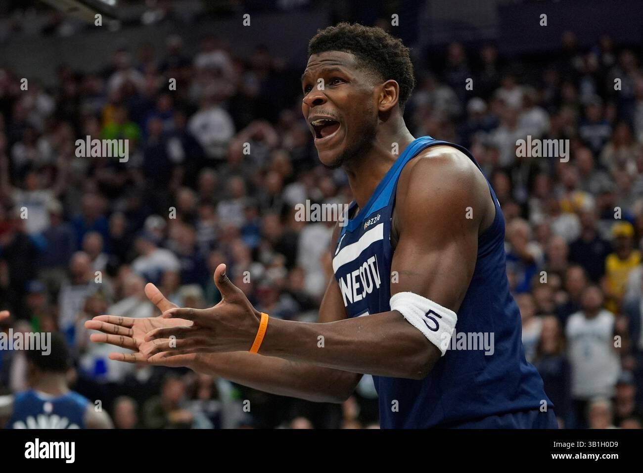 Minnesota Timberwolves guard Anthony Edwards reacts toward a referee during the first half of ...