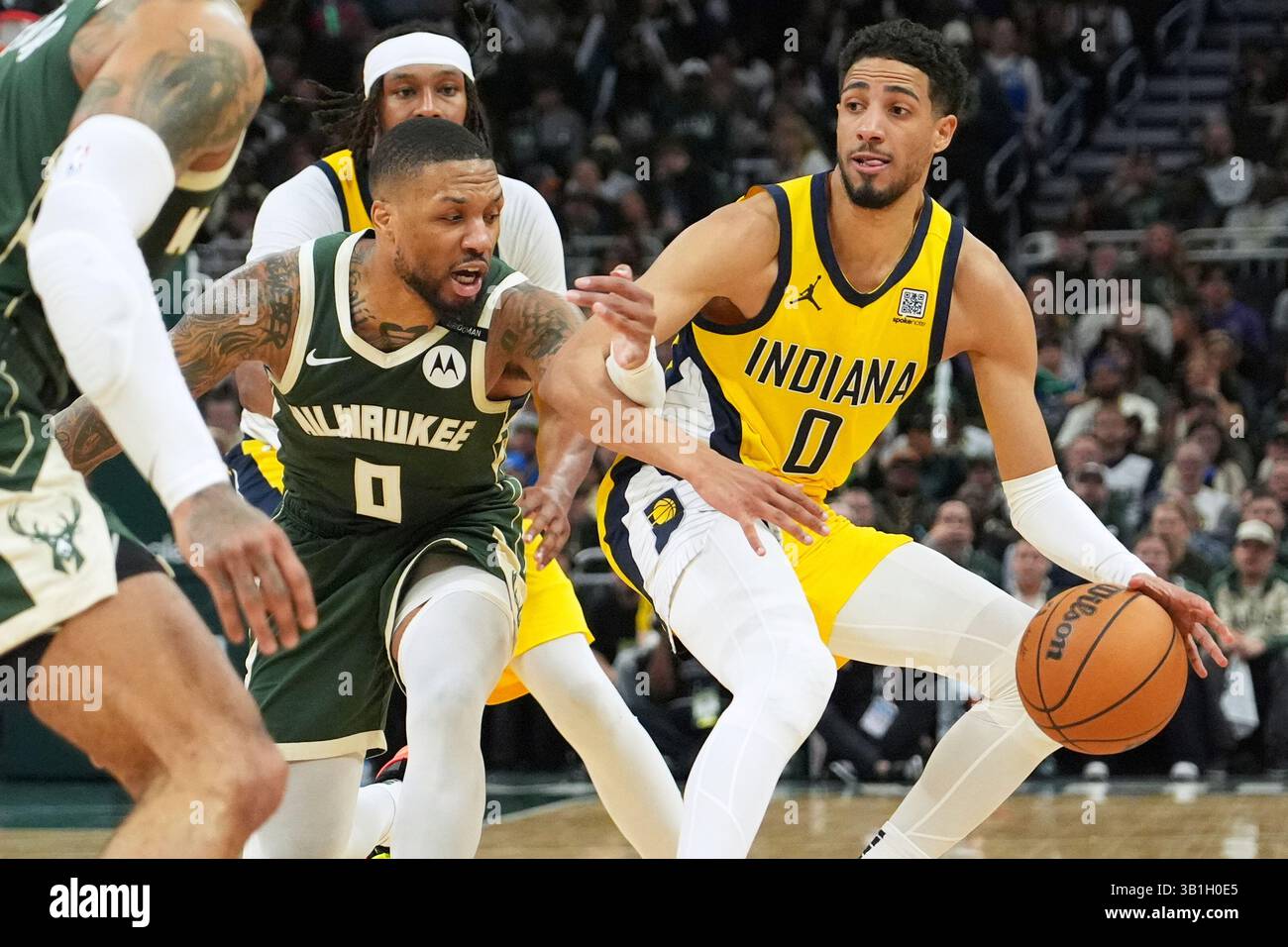 Indiana Pacers guard Tyrese Haliburton, right, drives as Milwaukee ...