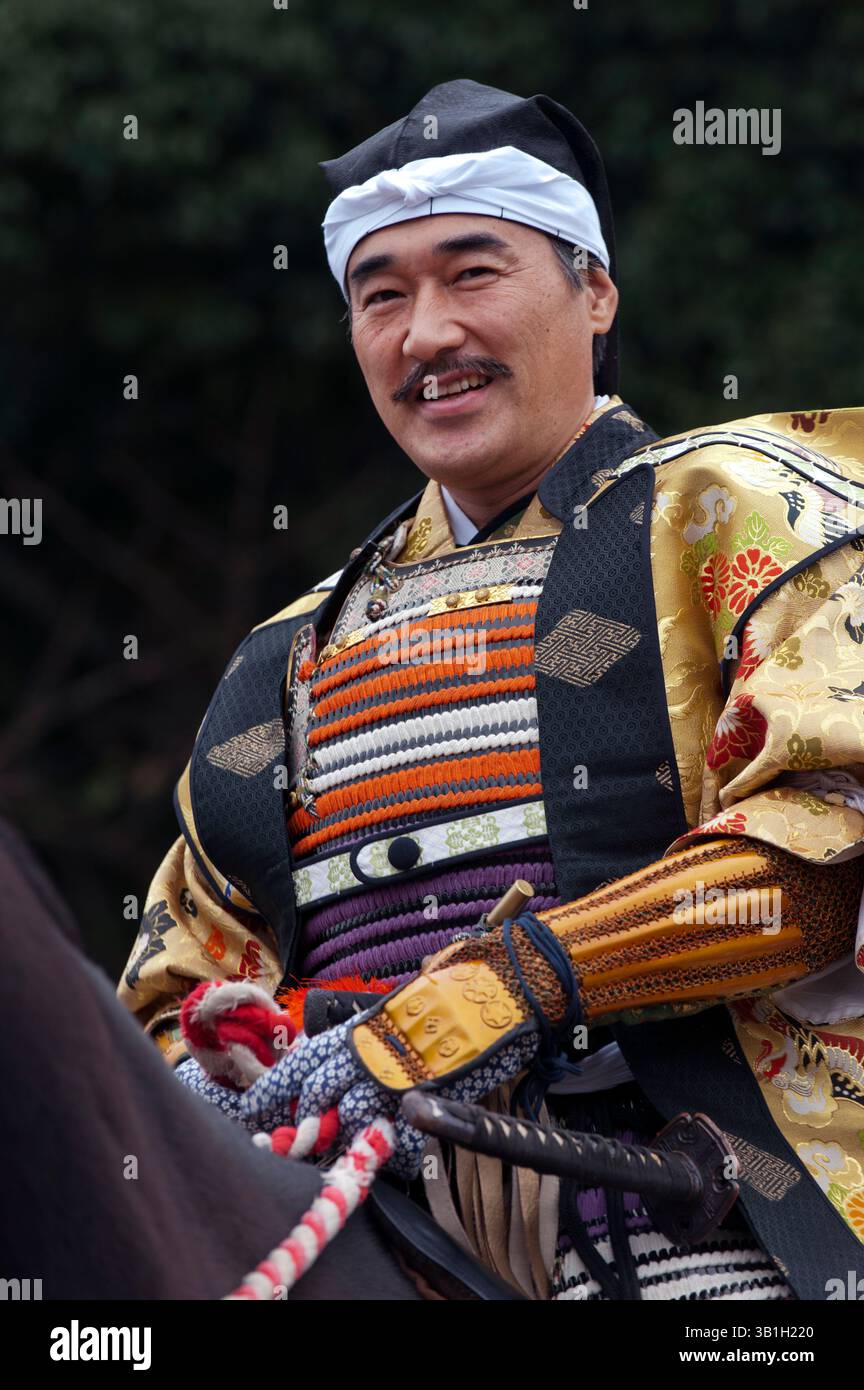 Man in period costume acting as Ii Naosuke, the daimyo (feudal lord) of Hikone clan ...