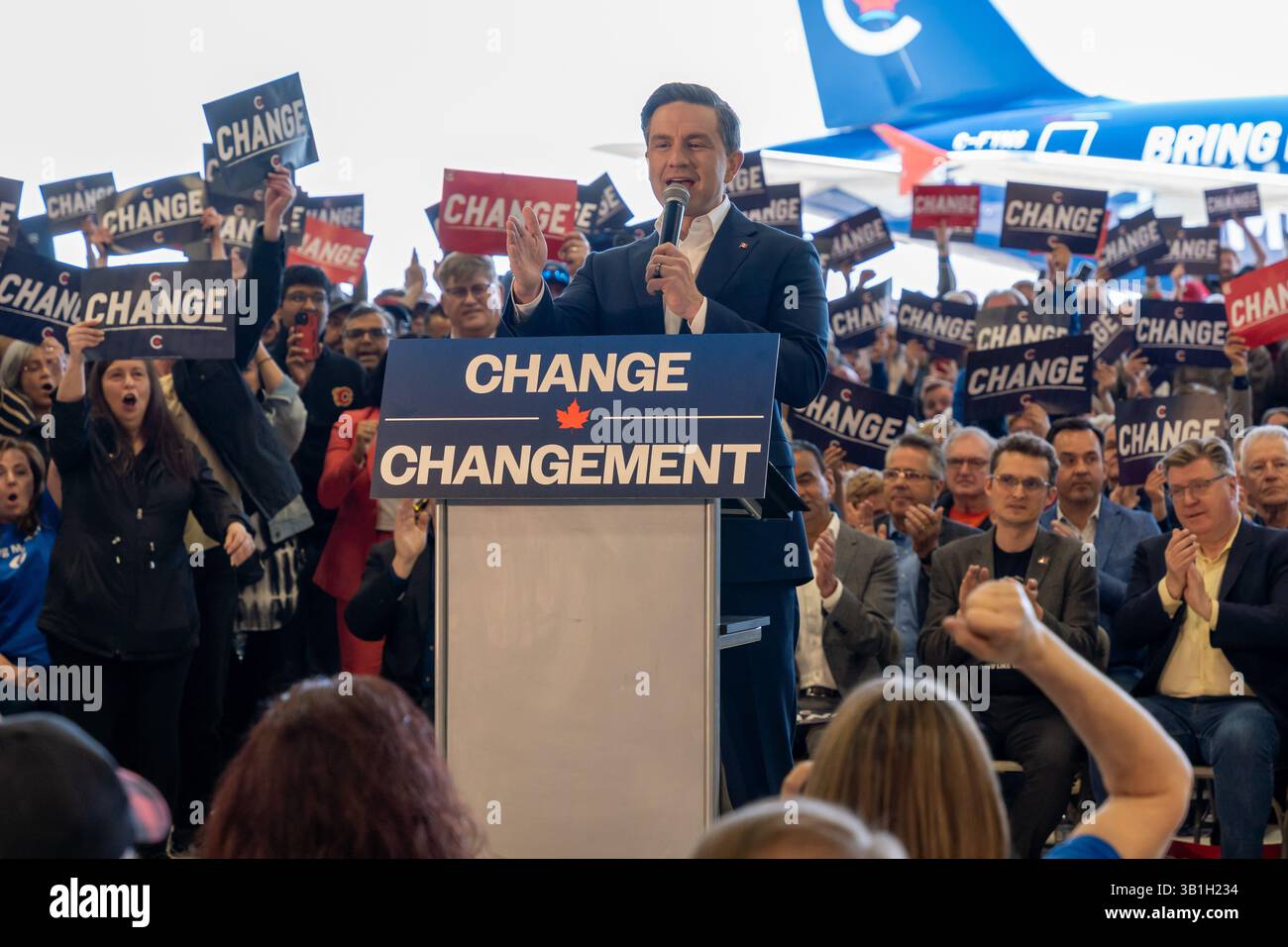 Conservative leader Pierre Poilievre addresses the crowd at a campaign ...