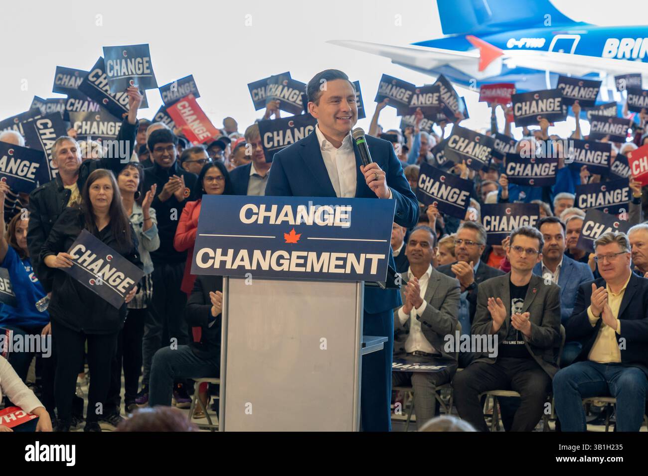 Conservative leader Pierre Poilievre addresses the crowd at a campaign ...