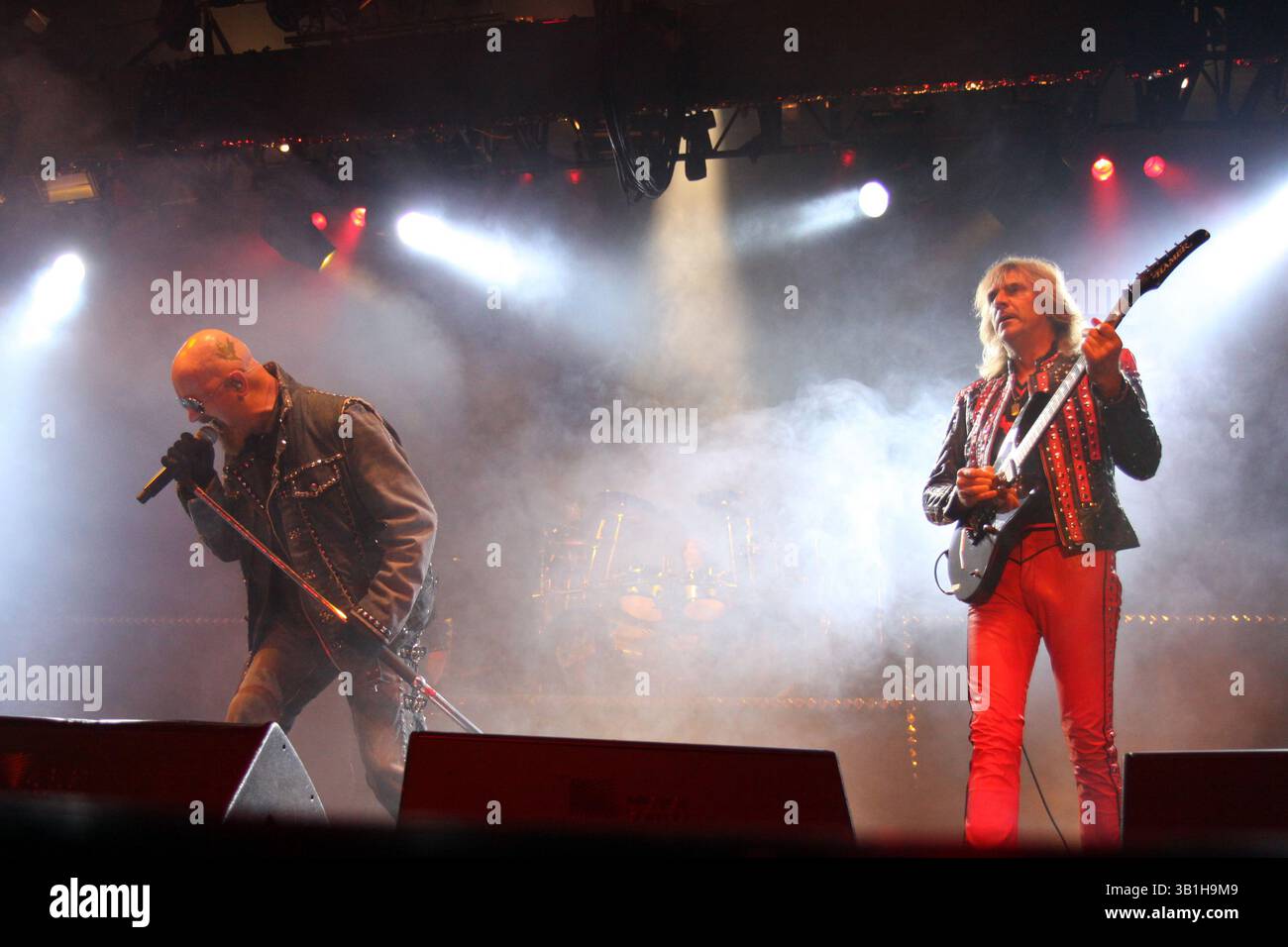 Rob Halford (L) and Glenn Tipton (R) of Judas Priest performs at the Molson Amphitheatre in ...