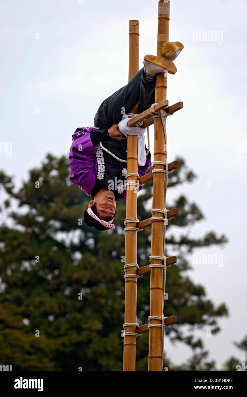Traditional Japanese fireman performing stunts atop a bamboo ladder ...