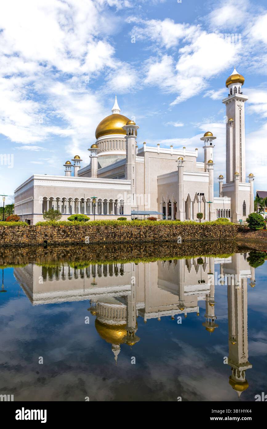 Majestic and ornate, Omar Ali Saifuddien Mosque reflects in the tranquil waters of Bandar Seri ...