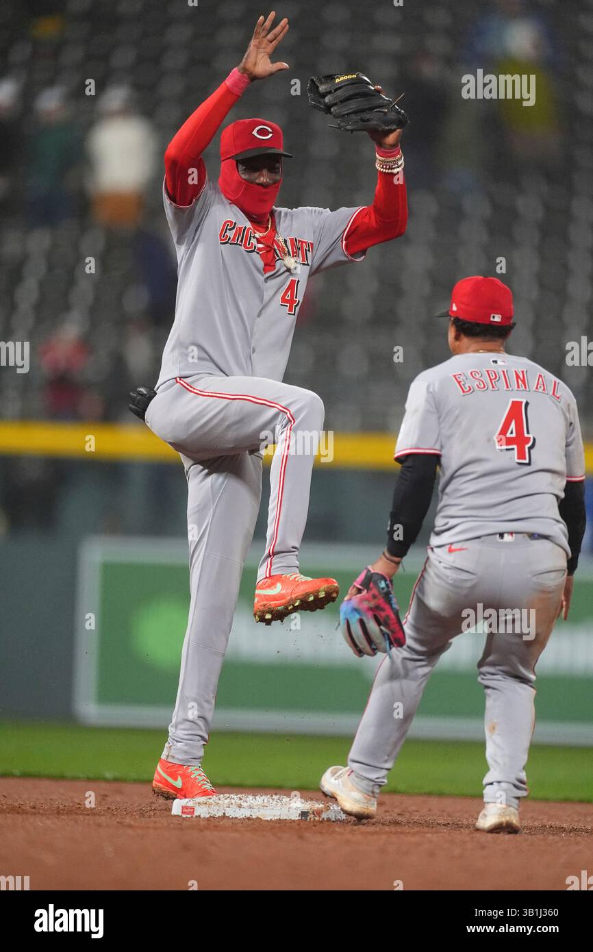 Cincinnati Reds shortstop Elly De La Cruz, left, celebrates with ...