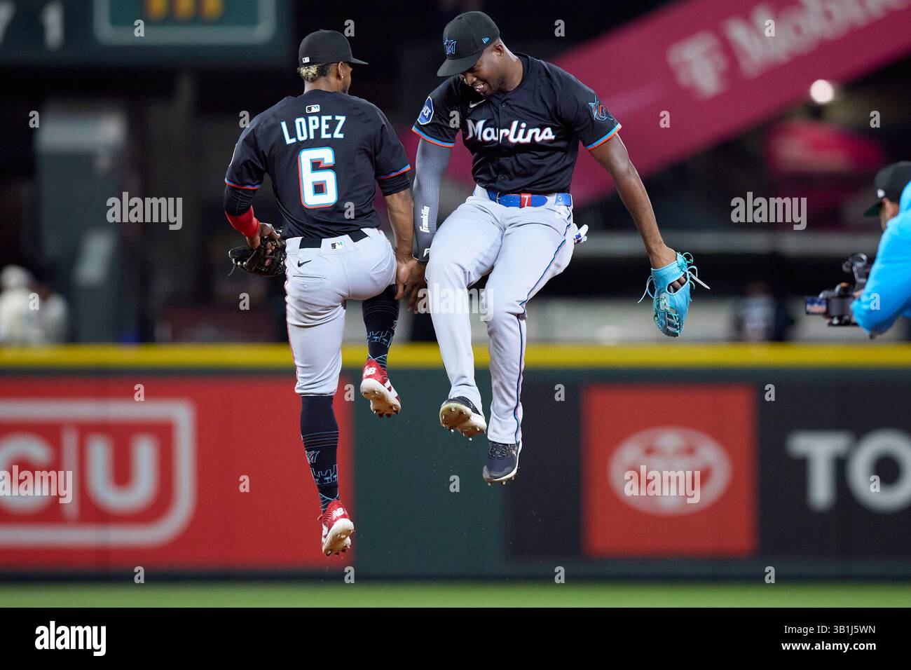 Miami Marlins center fielder Jesús Sánchez, right, celebrates with ...