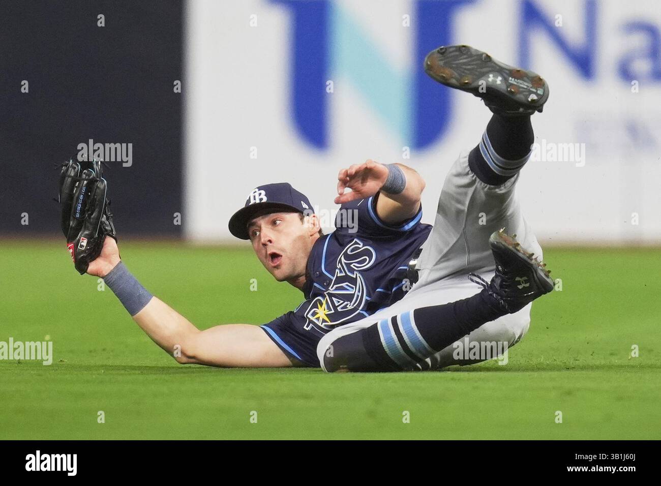 Tampa Bay Rays right fielder Kameron Misner makes the catch for the out ...