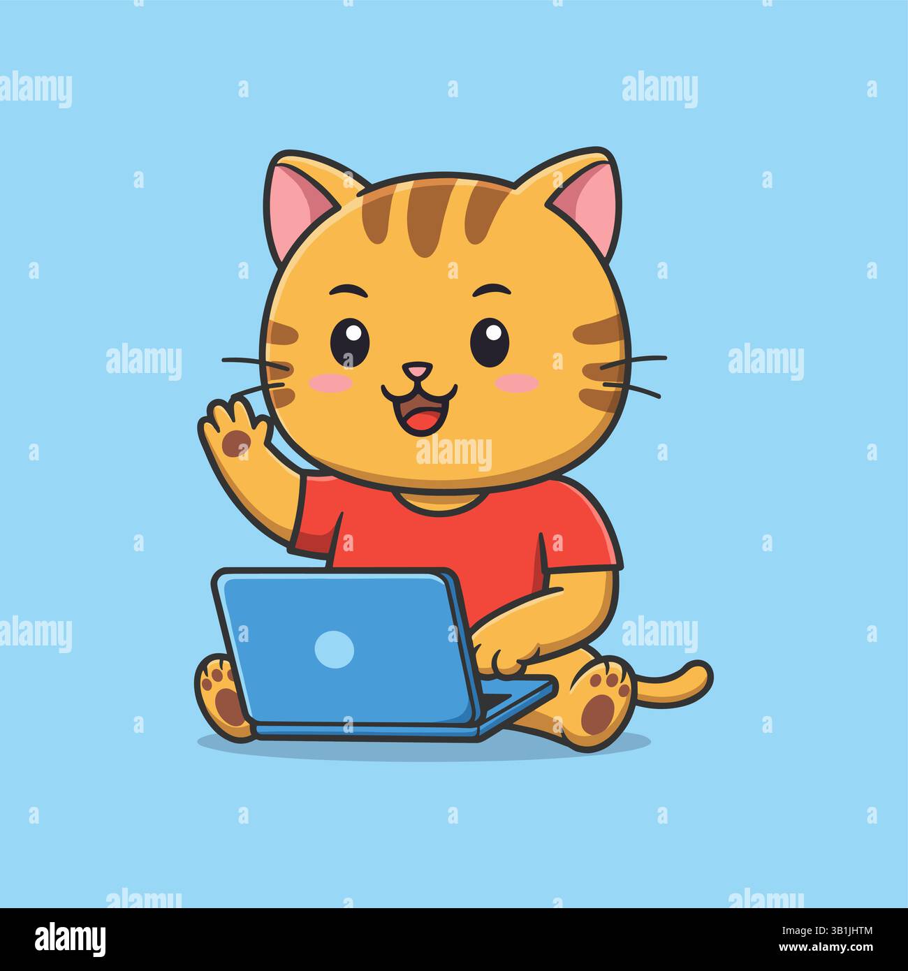 Flat Style Cute Cat Working On Laptop Cartoon Vector Icon Illustration ...