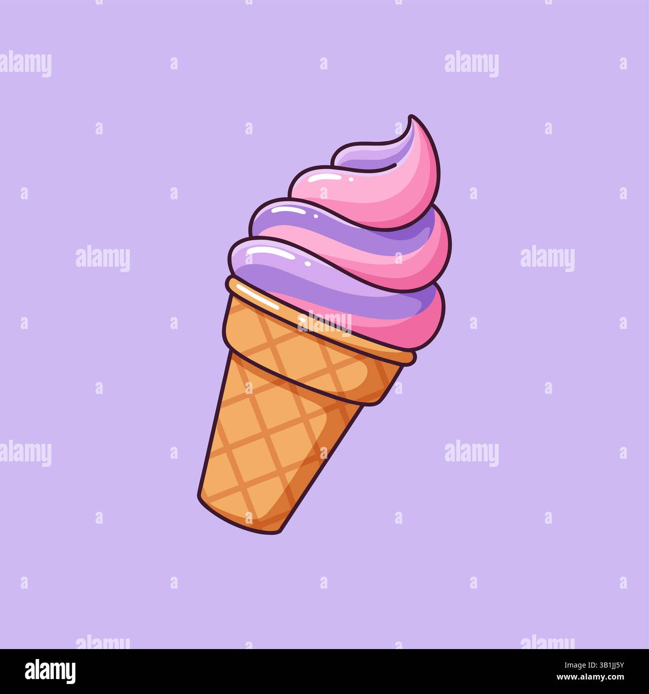 Colorful ice cream cone vector flat illustration. Pink and purple cream ...