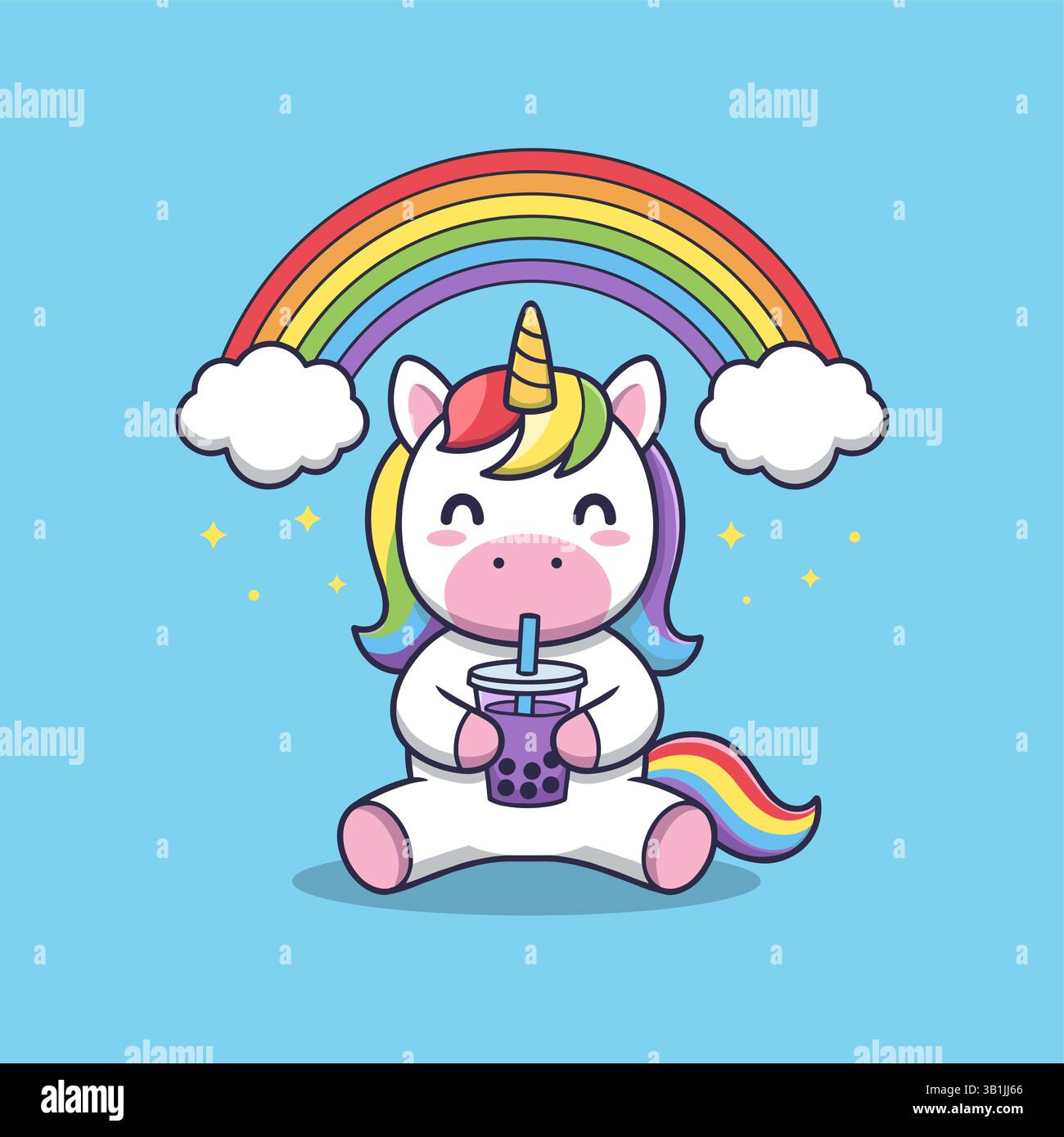 Cute Unicorn with Rainbow Hair Drinking Boba Tea Vector Illustration ...