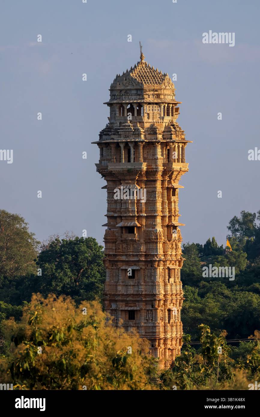 Tall intricate Vijay Stambh; the tower of the victory at Chittorgarh ...