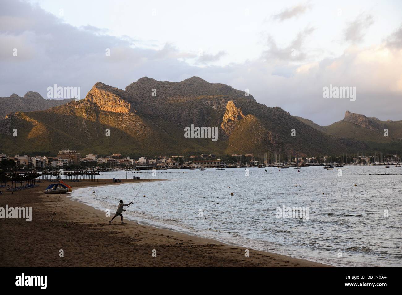 Anglers on the beach, Bay of Puerto de Pollensa, Port de Pollenca ...