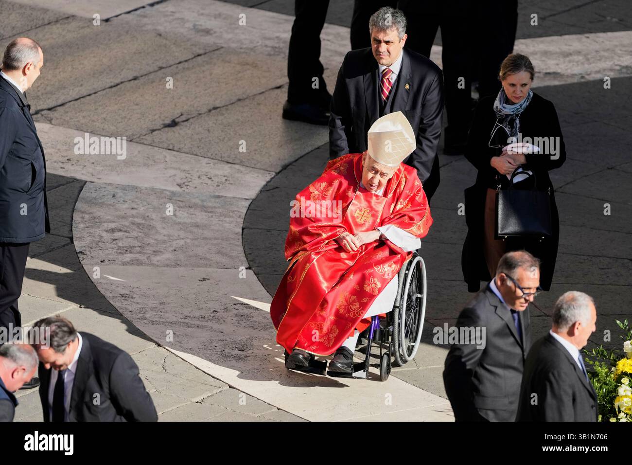 Cardinal Camillo Ruini, center, arrives for the funeral of Pope Francis ...