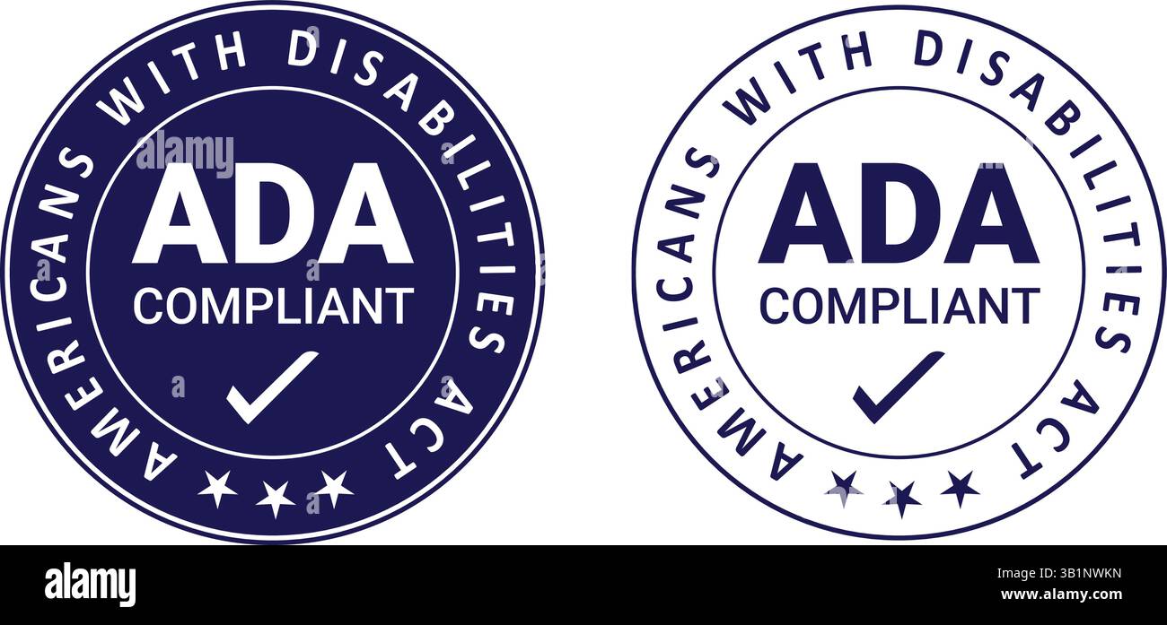 two blue round badges with ada compliant text and a check mark ...