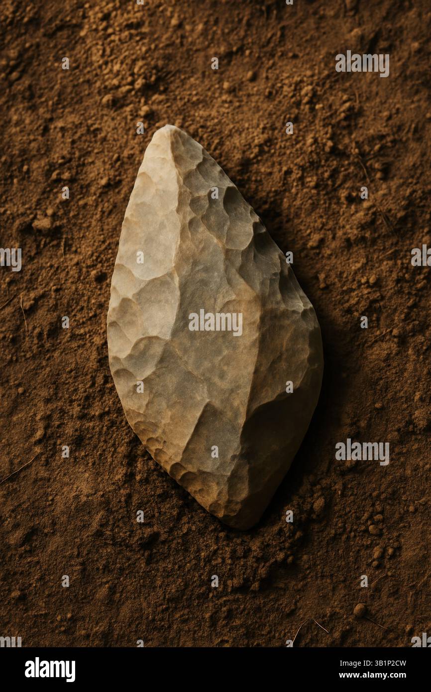 Partially buried Paleolithic hand axe on textured earth. AI-generated ...