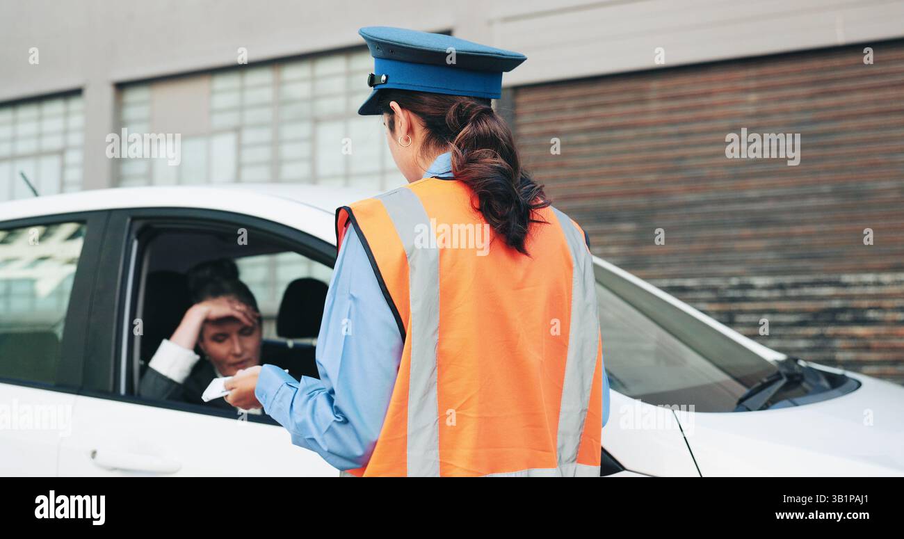 Stress, woman and officer with car ticket penalty, speeding warning and ...