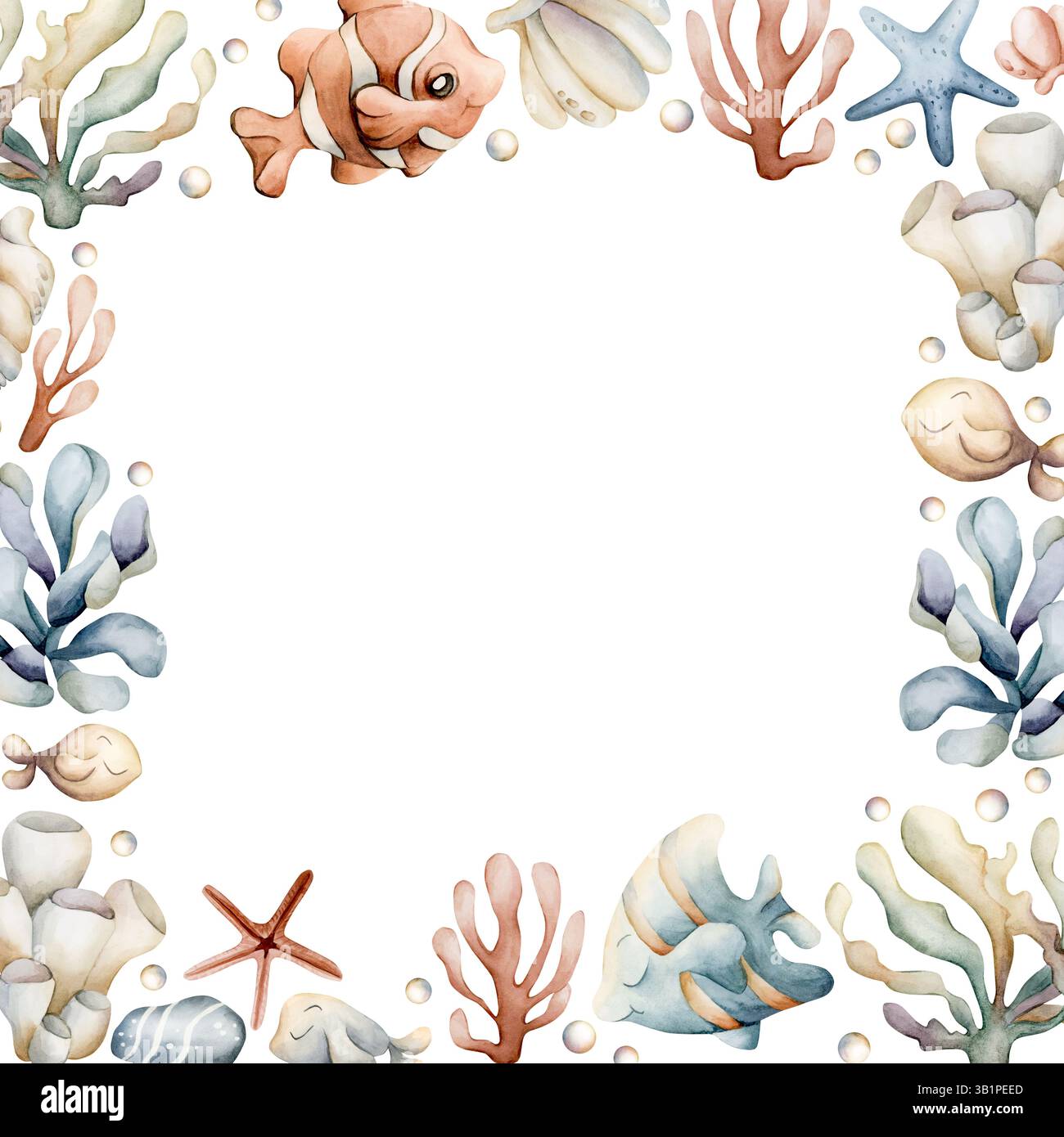 Sea Ocean Fishes Plants Frame. Cute clown fish, angelfish, seaweed ...