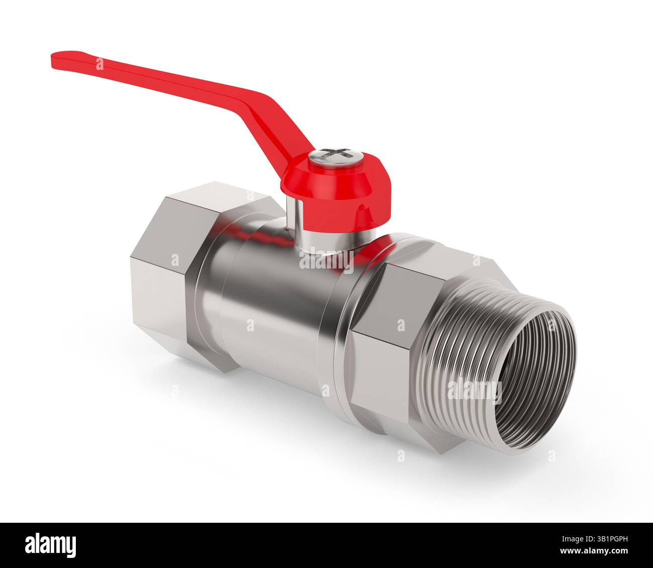 Ball water valve for plumbing with red handle on white background ...