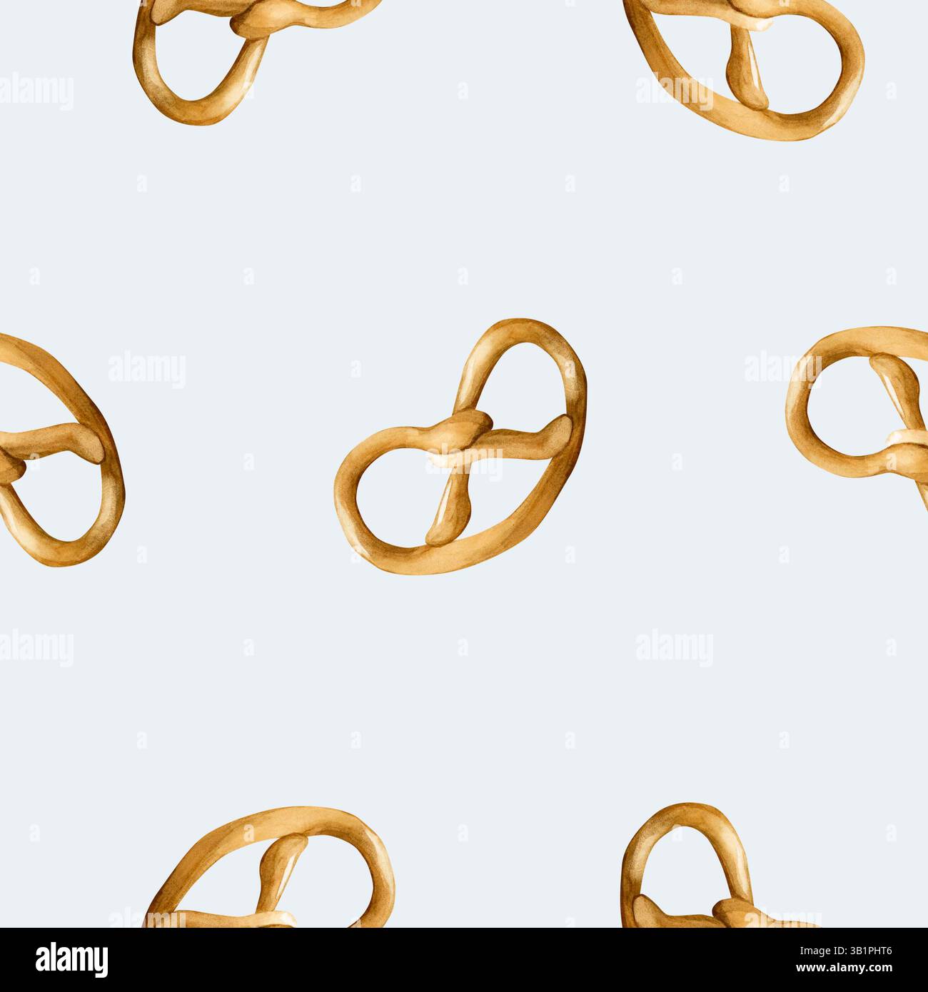 Cute pretzels. Fresh bakery pastry. Watercolor seamless pattern on blue background for kitchen ...