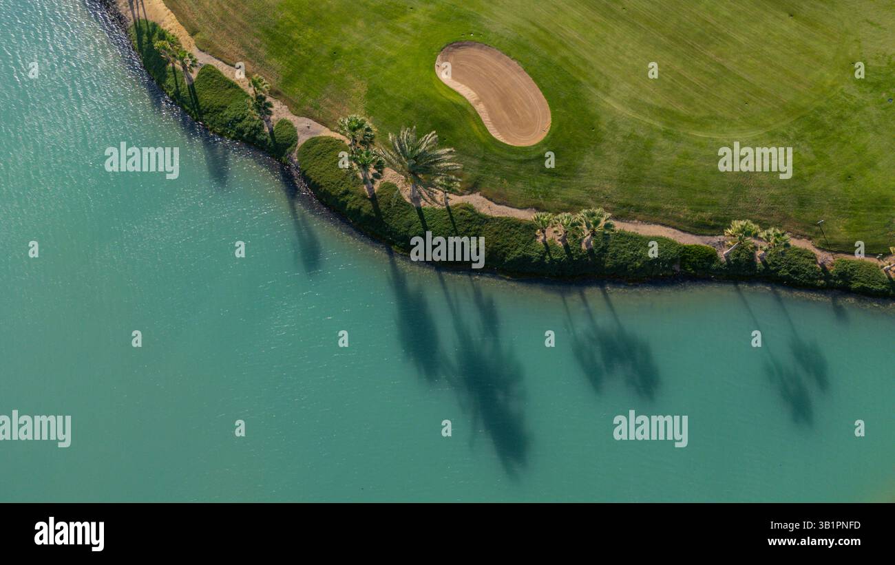 Overhead drone view looking directly down onto a golf green complex ...