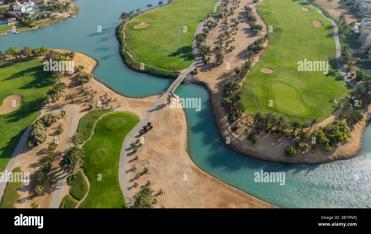 Elevated aerial view displaying the layout of the El Gouna golf course ...