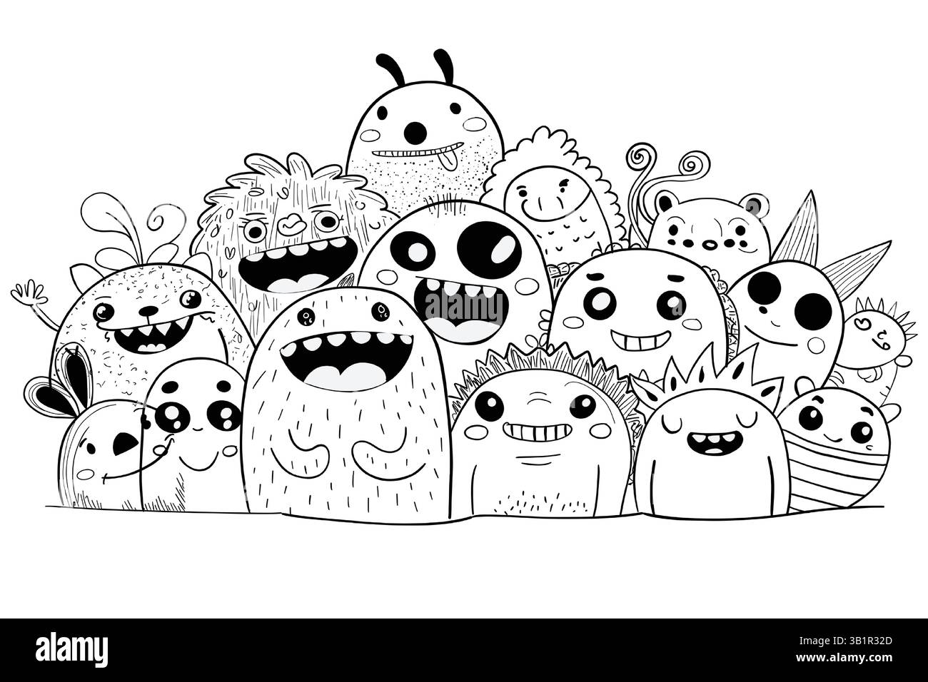 Cute cartoon monsters, each with unique and whimsical designs. Drawn in ...