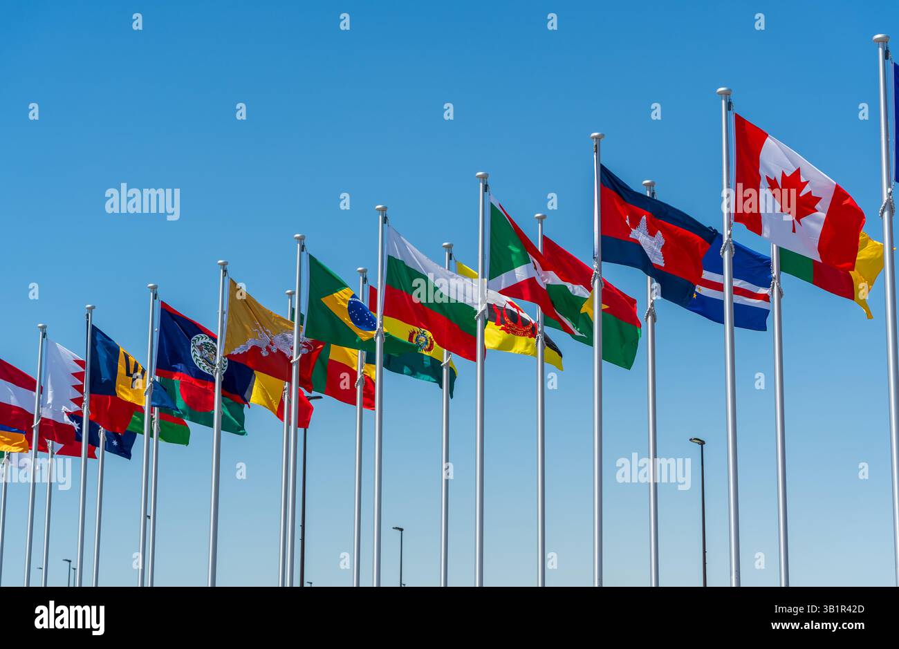 International Flags flying high against clear sky at the Entrance of ...