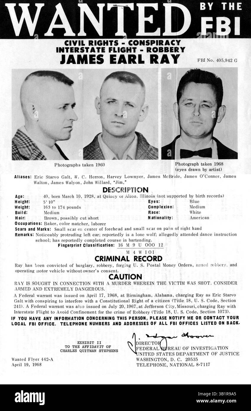 Apr. 19, 1968 - Washington, DC, U.S. - An FBI poster issued April 19 ...