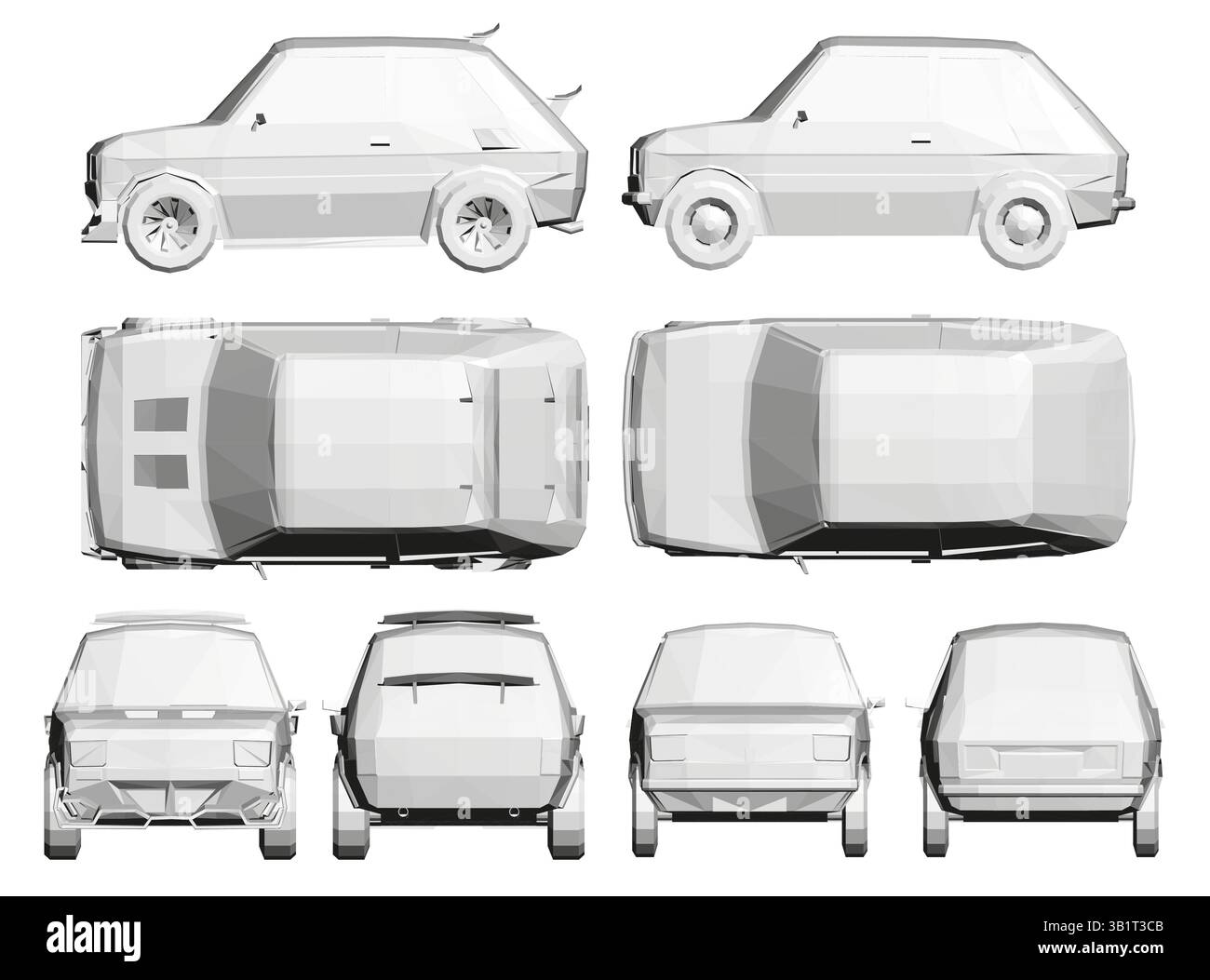 A car is shown in different angles, with the front and back of the car ...