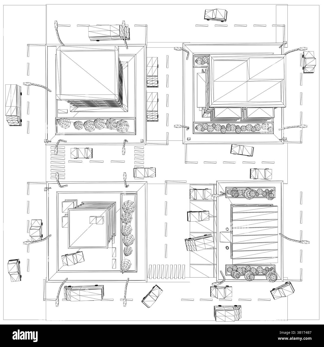 A drawing of a city block with a house and a car. The drawing is in ...