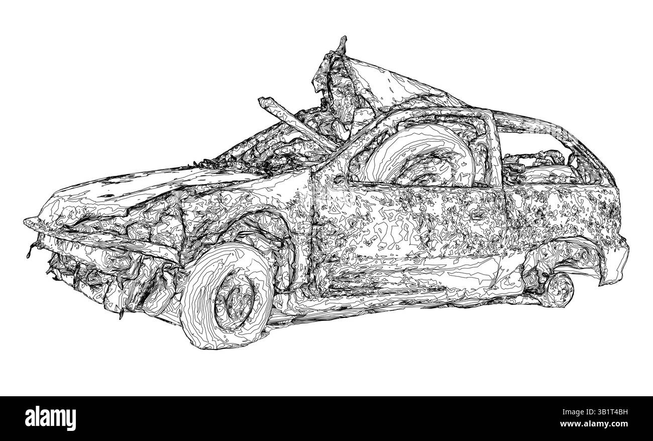 A car is shown in a black and white drawing. The car is in a wrecked ...