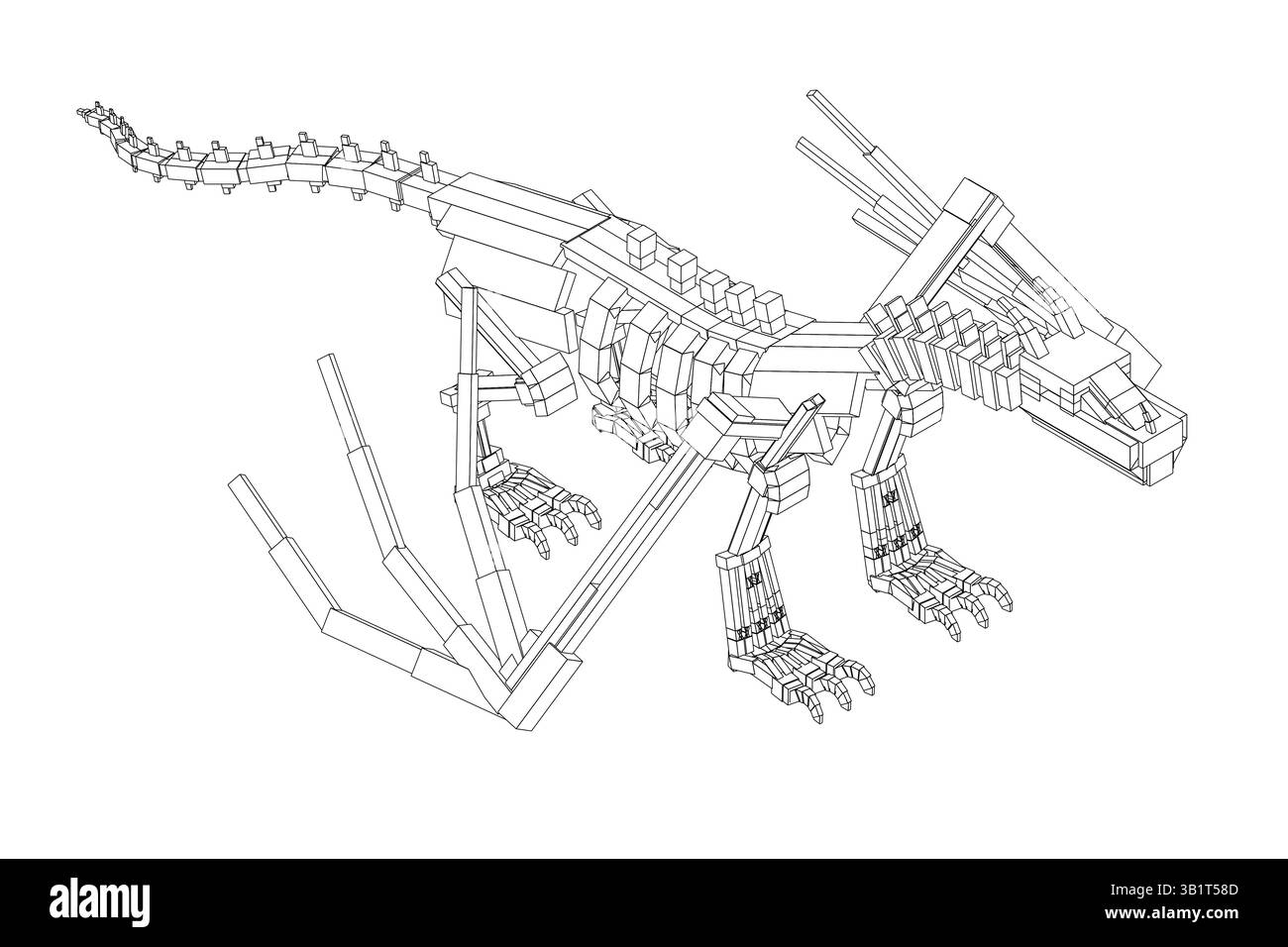A skeleton dragon is drawn in black and white. The skeleton is missing ...