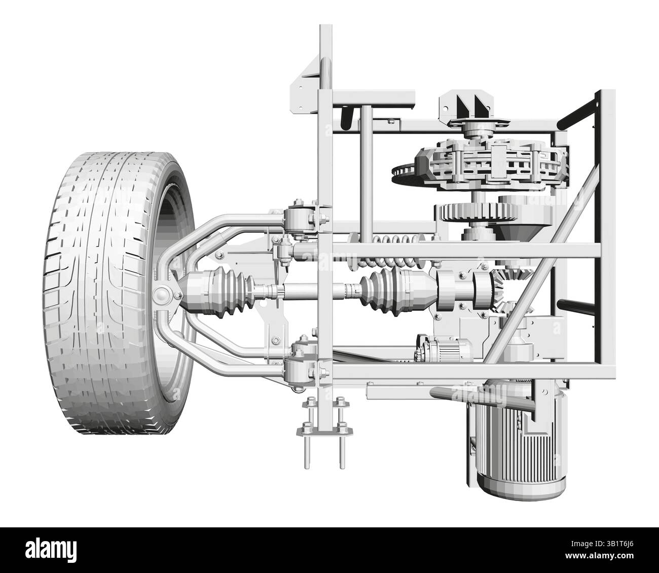 A white drawing of a car with a tire and a gearbox. The tire is shown ...
