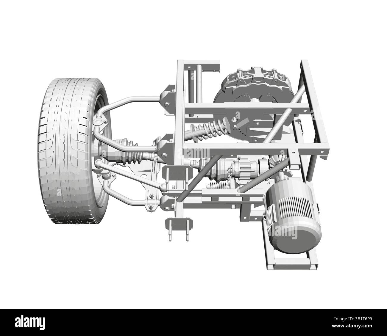 A white car with a black tire and a black engine. The car is a vintage ...
